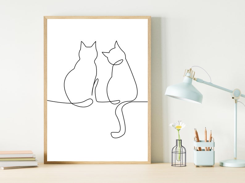 Minimalist Two Cat Line Art, Pet Print, Cats Wall Art, Cat Silhouettes ...