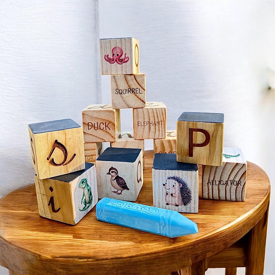 Wooden Alphabet Blocks With Animals and Chalkboard –montessori ABC Toy ...
