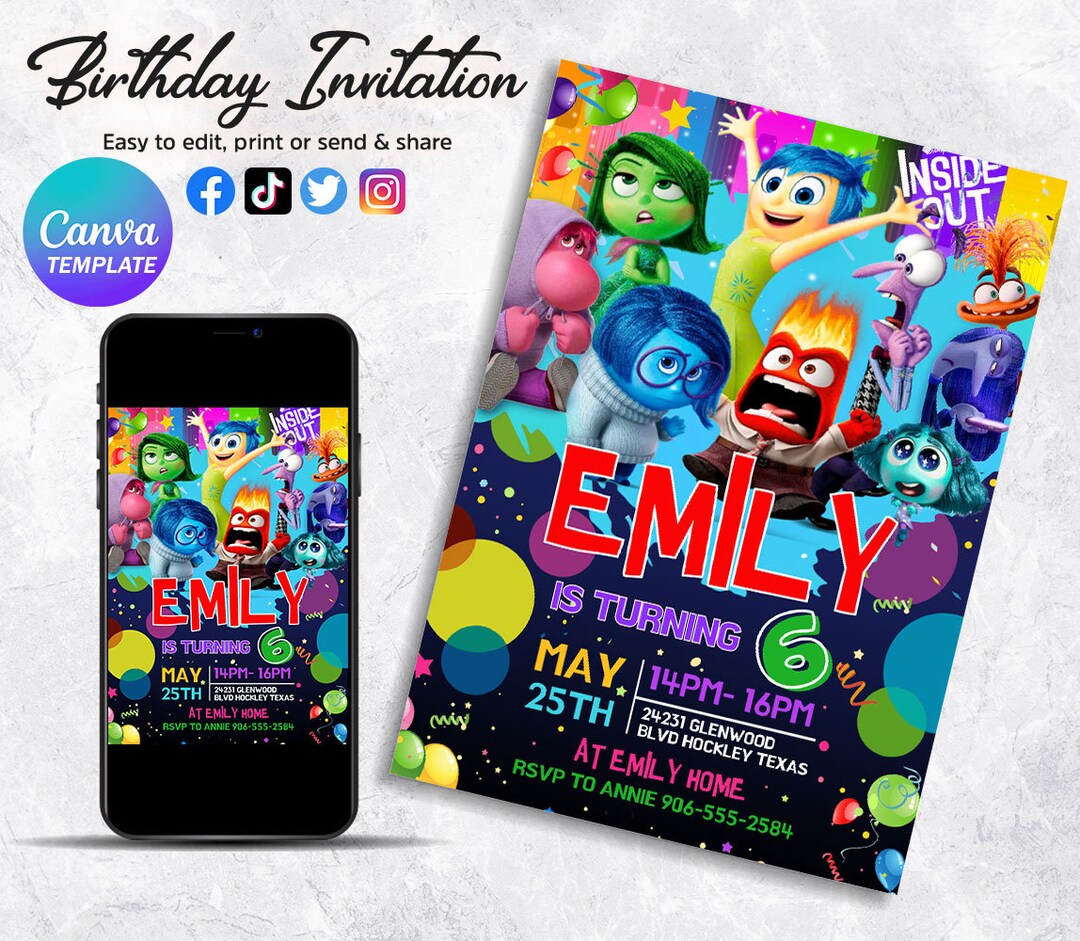 Invitación de cumpleaños de Inside Out 2 Invitación editable de Inside ...