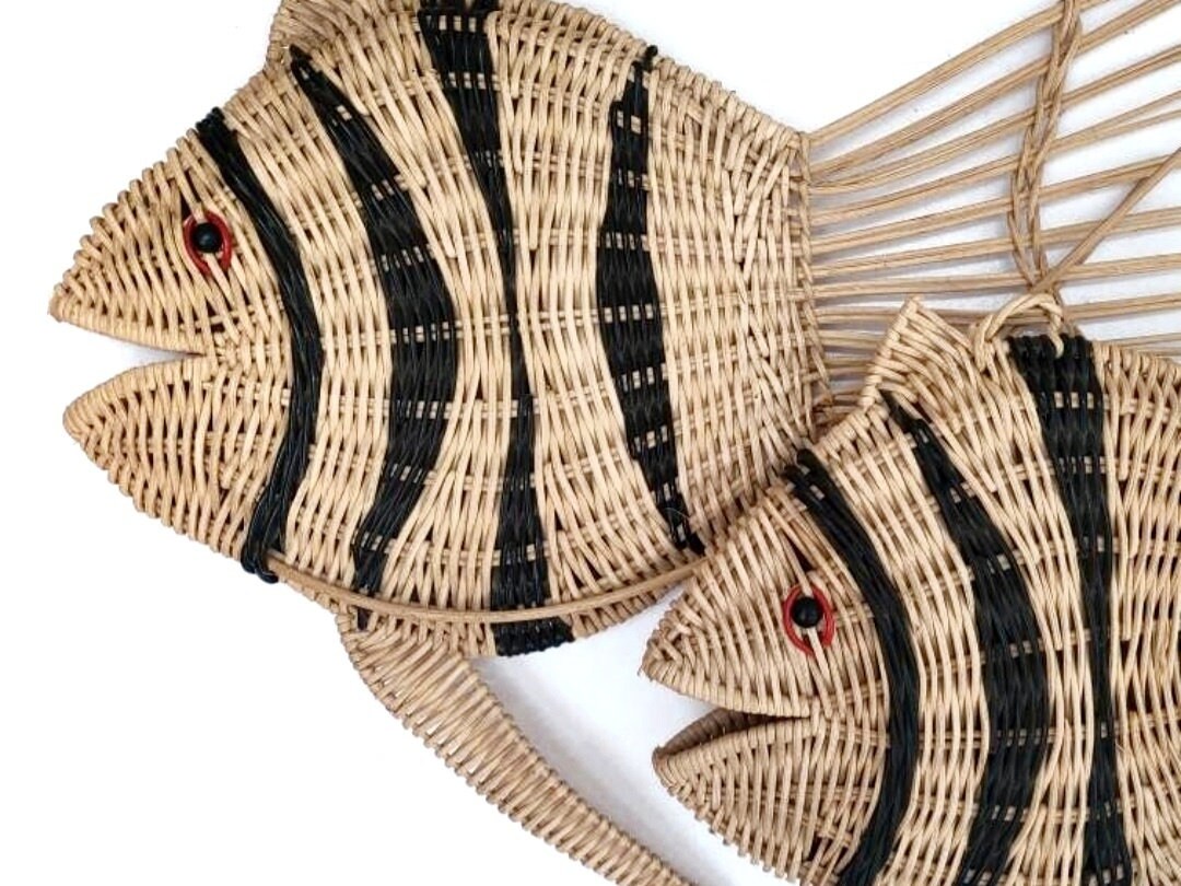 Rattan Wicker Fishes With Black Stripes and Red Eye Details Made in ...