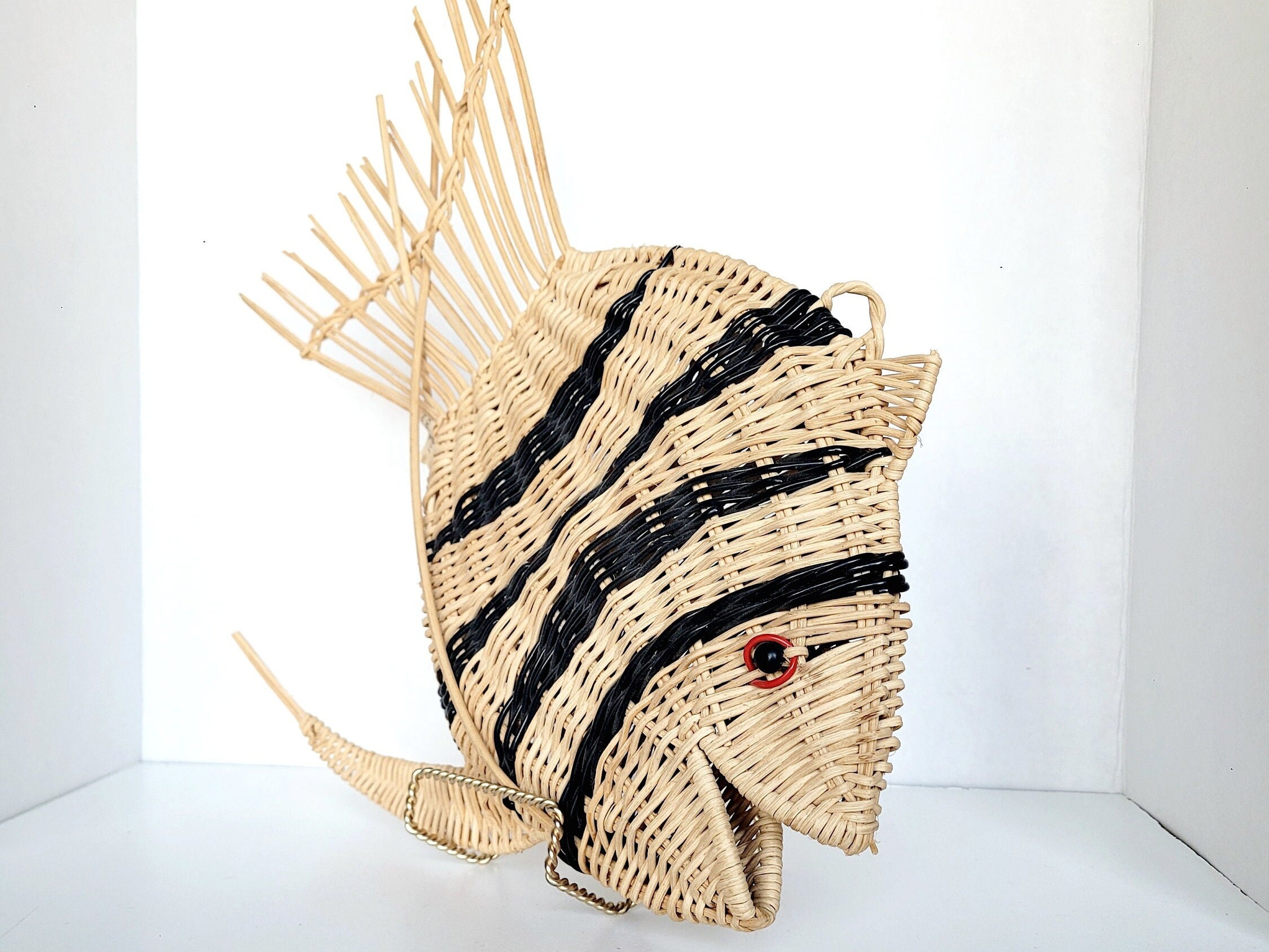 Rattan Wicker Fishes With Black Stripes and Red Eye Details Made in ...