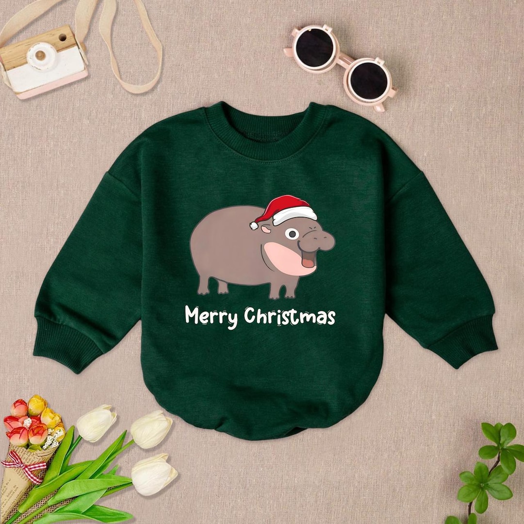 Moo Deng Christmas Baby Romper Sweater, Baby Hippo Santa Hat Romper ...