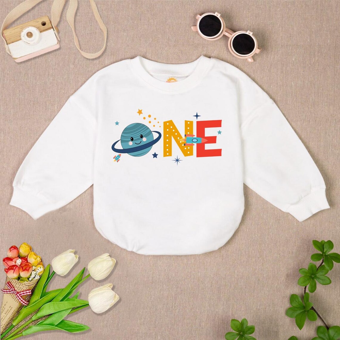 One Space Baby Romper Sweatshirt, First Birthday Baby Romper, Space ...