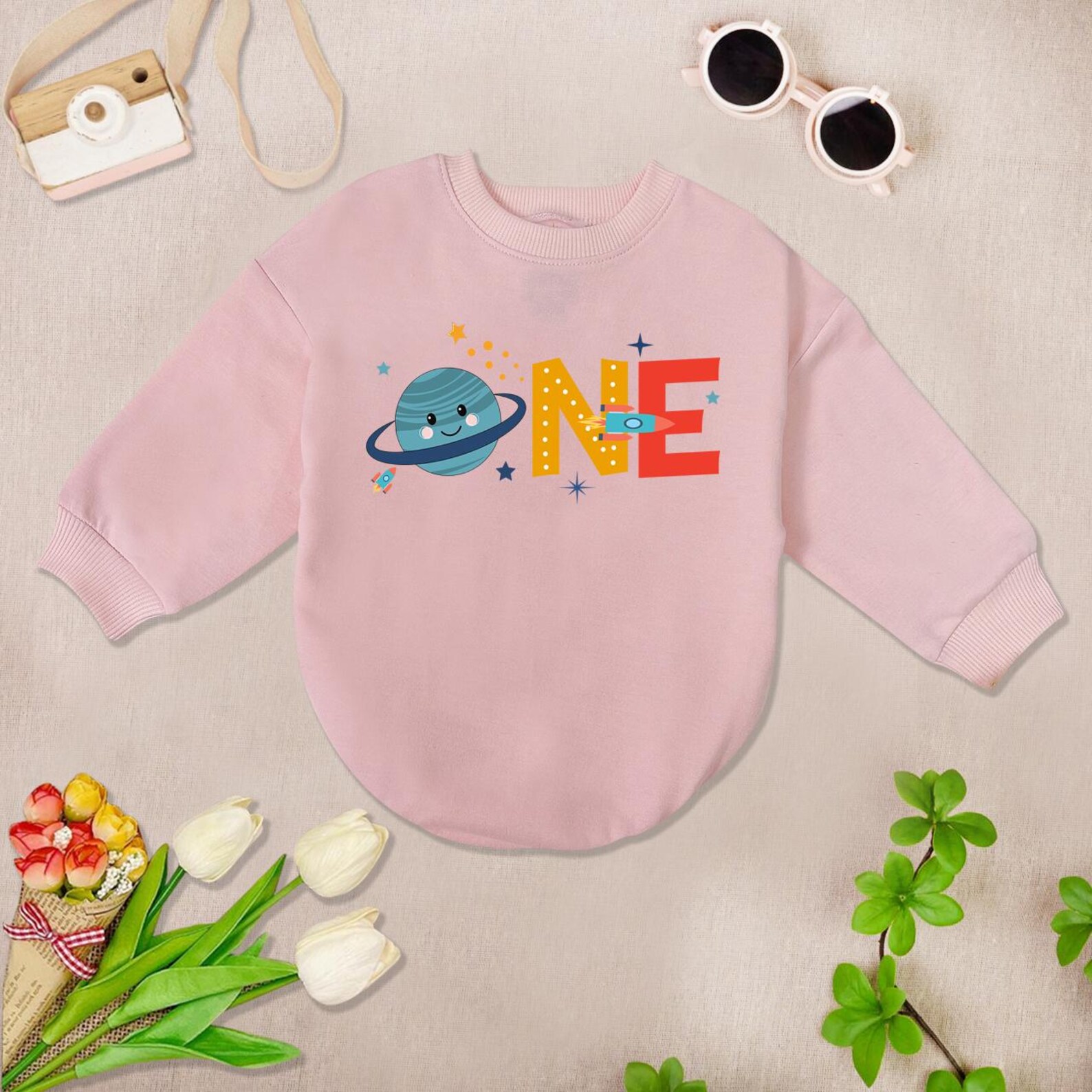 One Space Baby Romper Sweatshirt, First Birthday Baby Romper, Space ...
