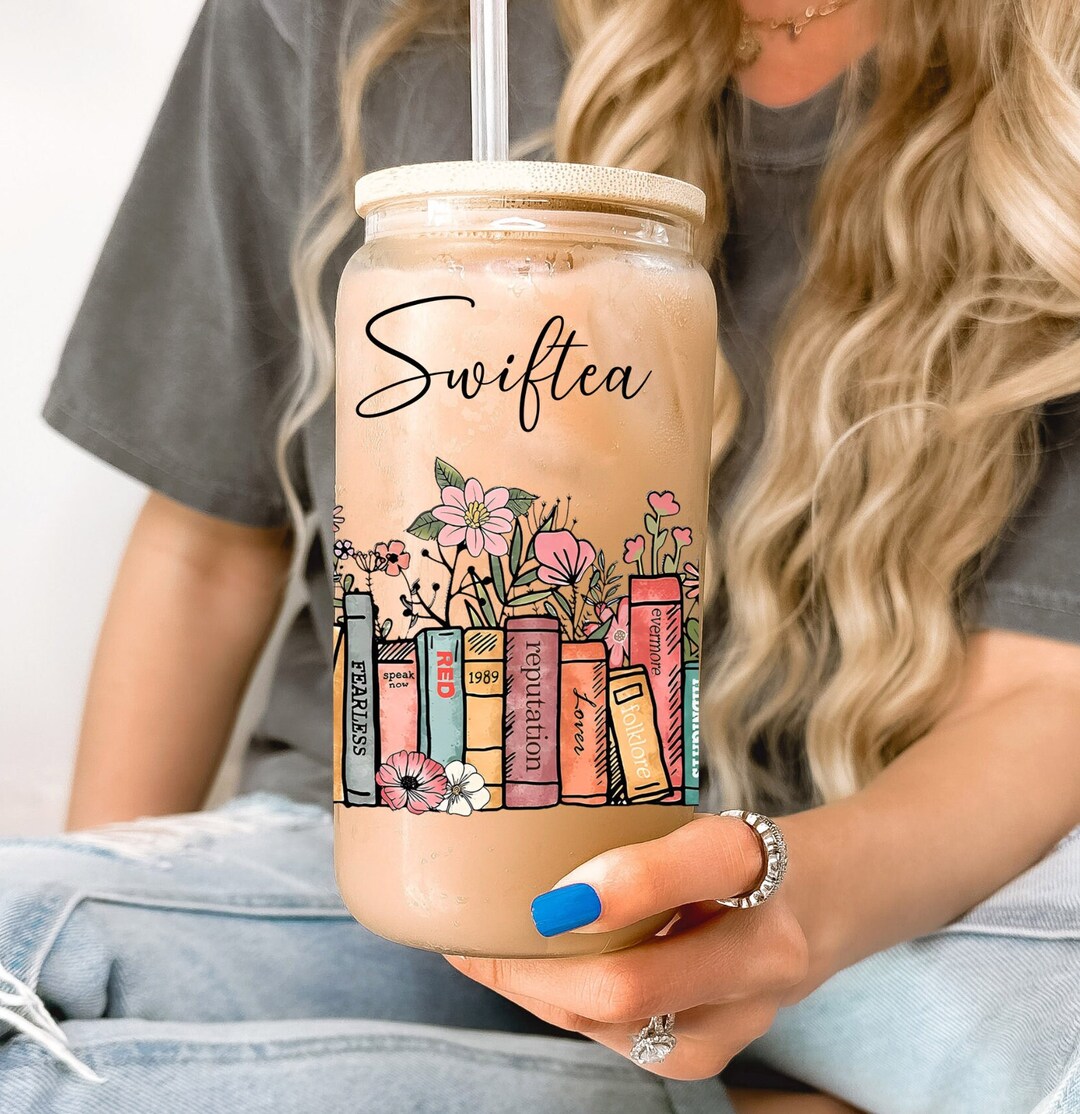 Swiftea Tumbler 16oz Frosted Glass, Floral Bookcase Albums Design ...