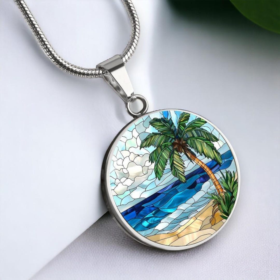 Stained Glass Ocean Waves Necklace, Beach Palm Tree Pendant, Tropical ...