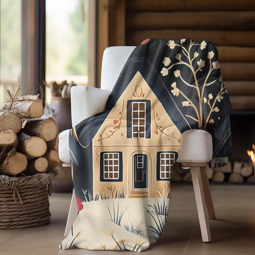 Sherpa Fleece Blanket - Scandinavian Winter Folk Art Cottage Throw ...