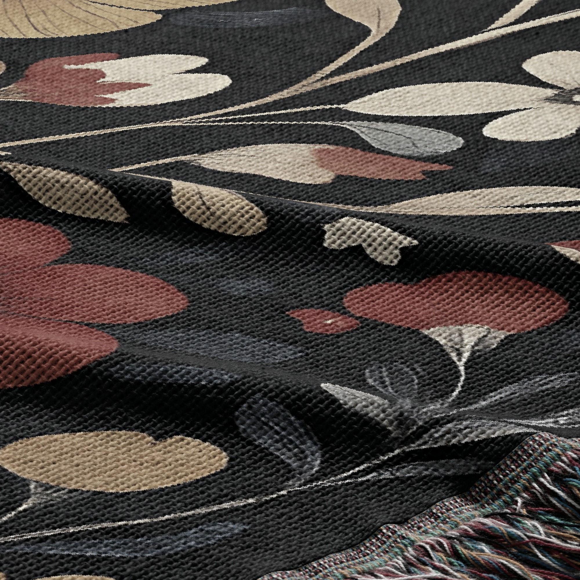 Scandinavian Blanket Floral Woven Throw: Dark Nordic Folk Art Cotton ...