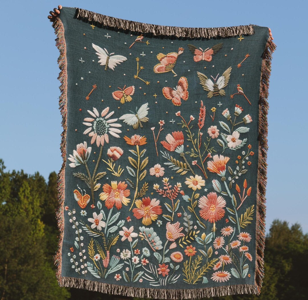 Wildflower Woven Blanket Gift, Botanical Throw Blanket, Green Floral ...