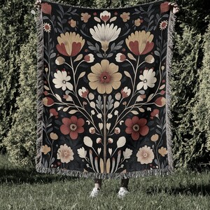 Scandinavian Art Norwegian Folk Art Floral Woven Blanket, Dark Cottage ...