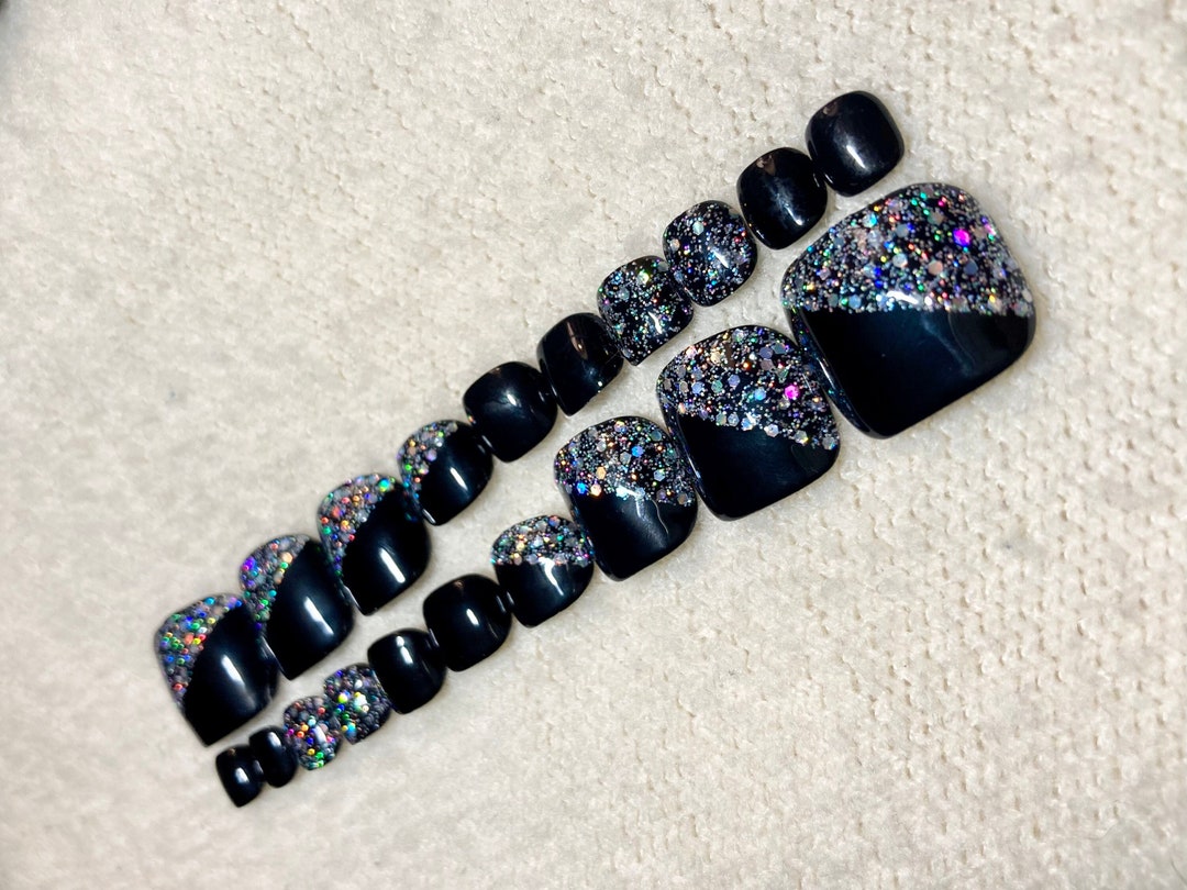Black With Silver Glitter Toenail Press-ons | 20 Pc Gel Polished False ...