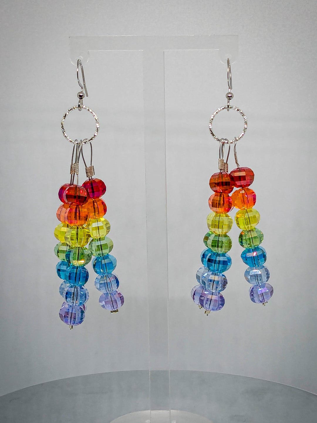 Flirty Triple Rainbow Dangle Earrings; Faceted Translucent Crystal ...
