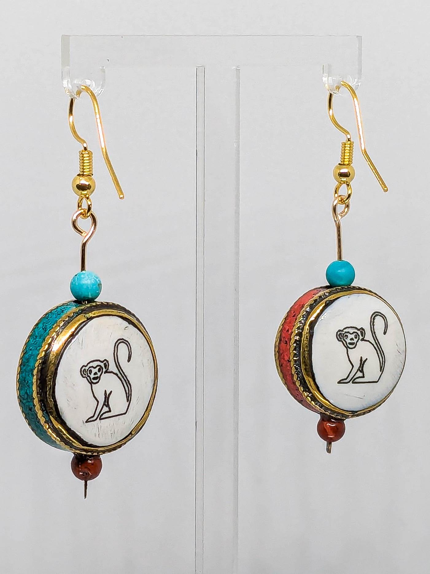 Bold Tribal Om Bead Sea Shell Monkey Earrings: Red Jasper & Matte Green ...
