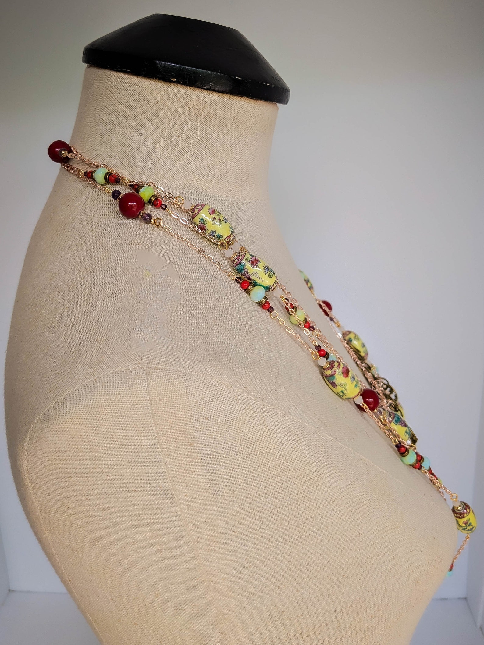 Handmade Vintage Beaded 4-strand Chain Necklace; Vintage Hand Painted ...