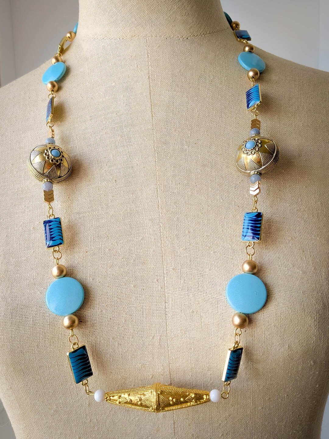 Opera Length Blue & Gold Multicultural Beaded Chain Necklace: Handmade ...