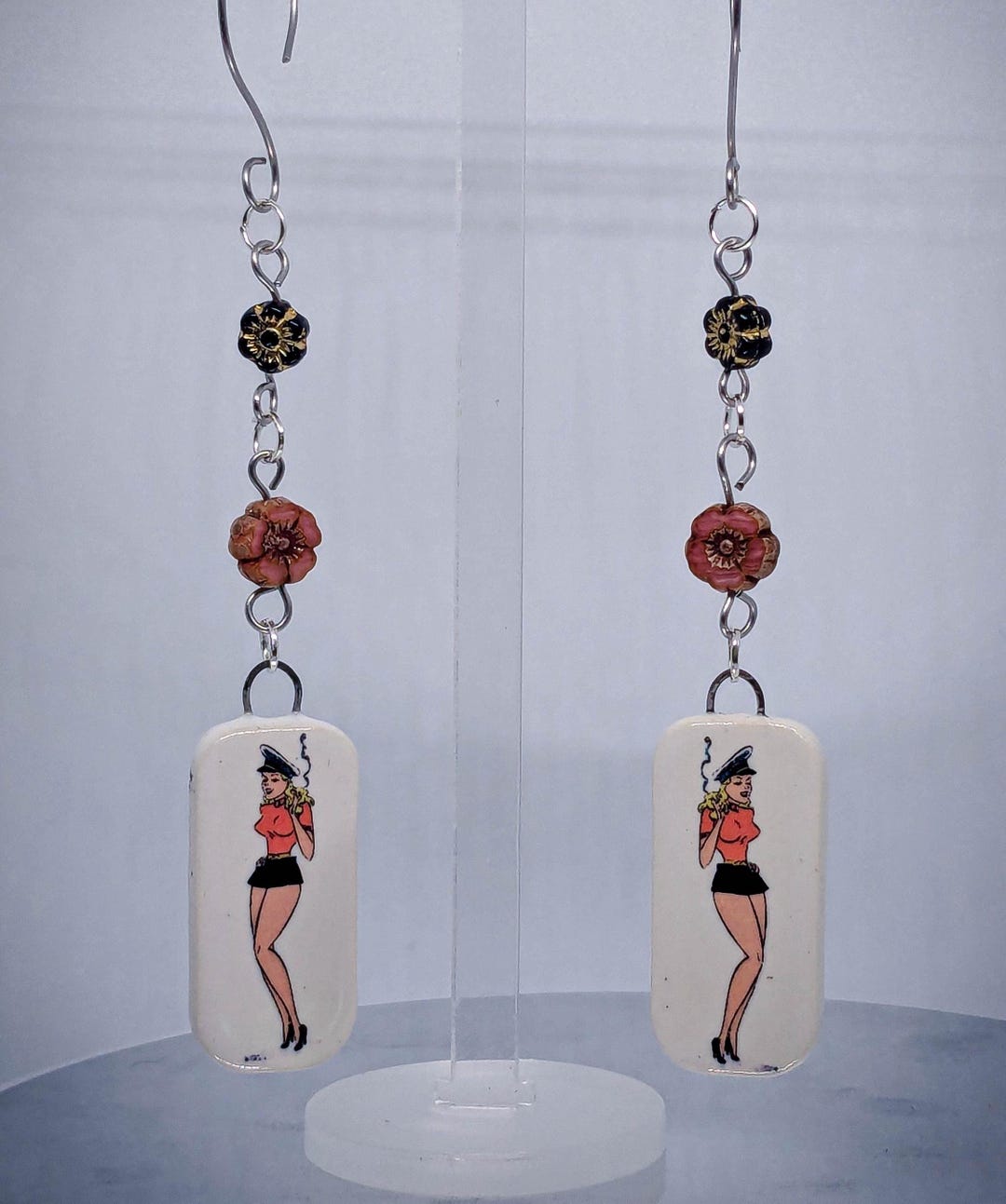 Edgy Pink & Black 1940s Pin up Girl Earrings: Ceramic Tile, Czech ...