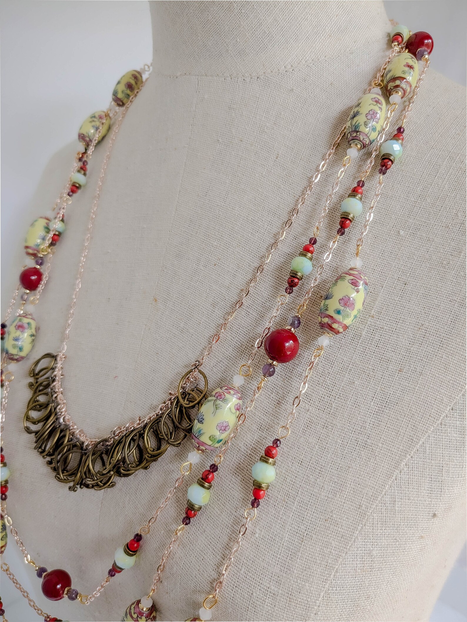 Handmade Vintage Beaded 4-strand Chain Necklace; Vintage Hand Painted ...