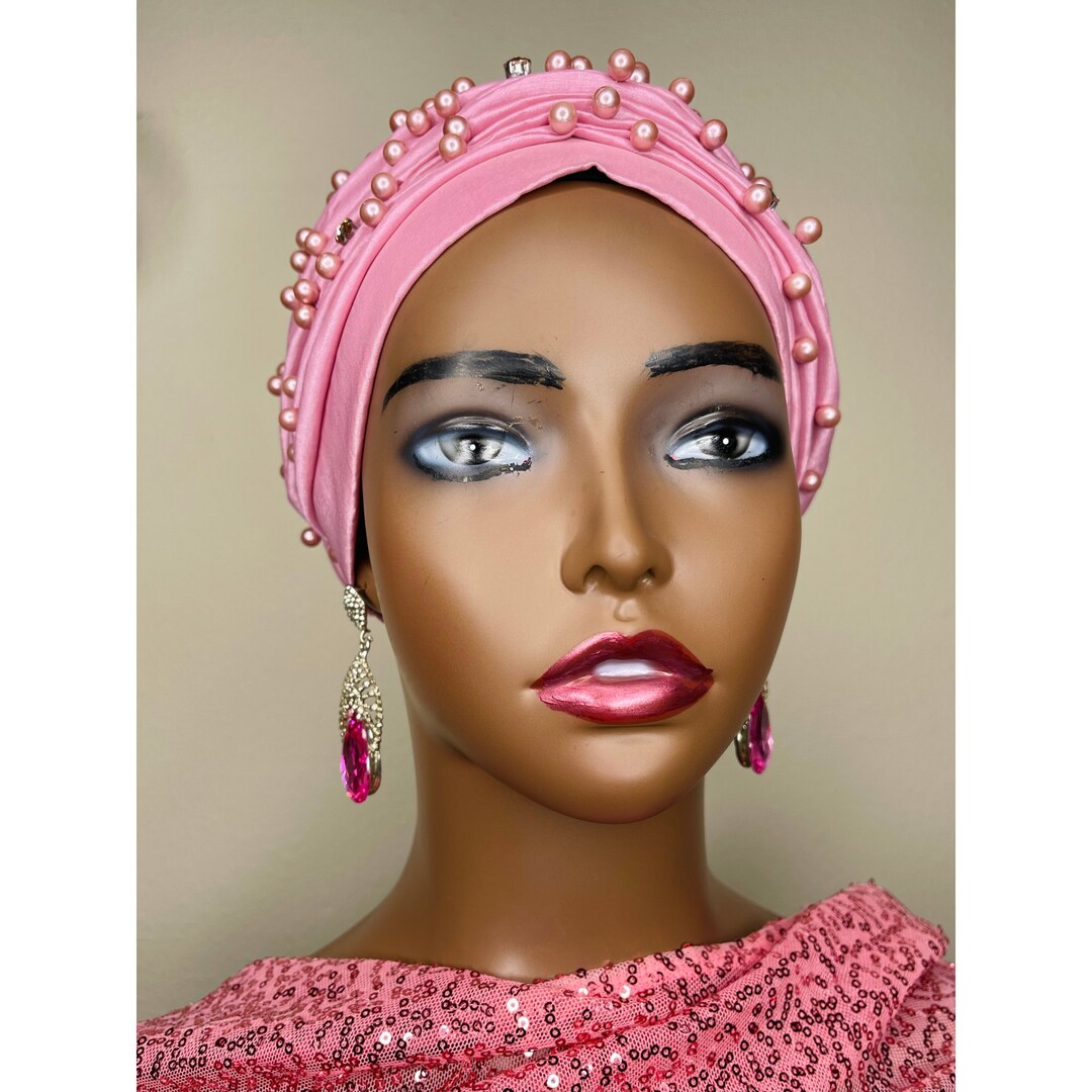 Rose Pink Beaded Turban Luxury Party Wear Hair Loss Cap Cancer Head ...