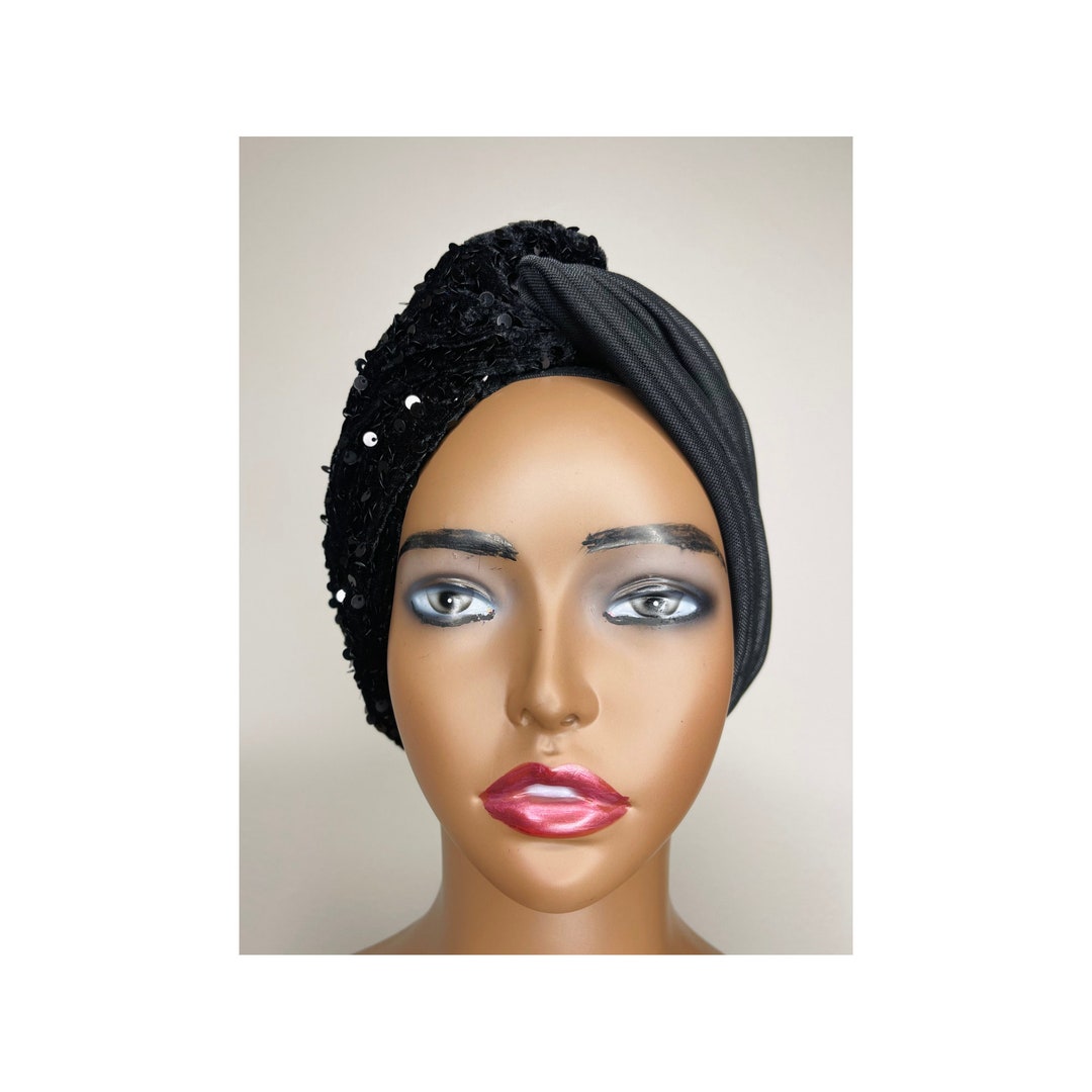 Handmade Sequin Turban | Black Twisted Head Cover - Etsy