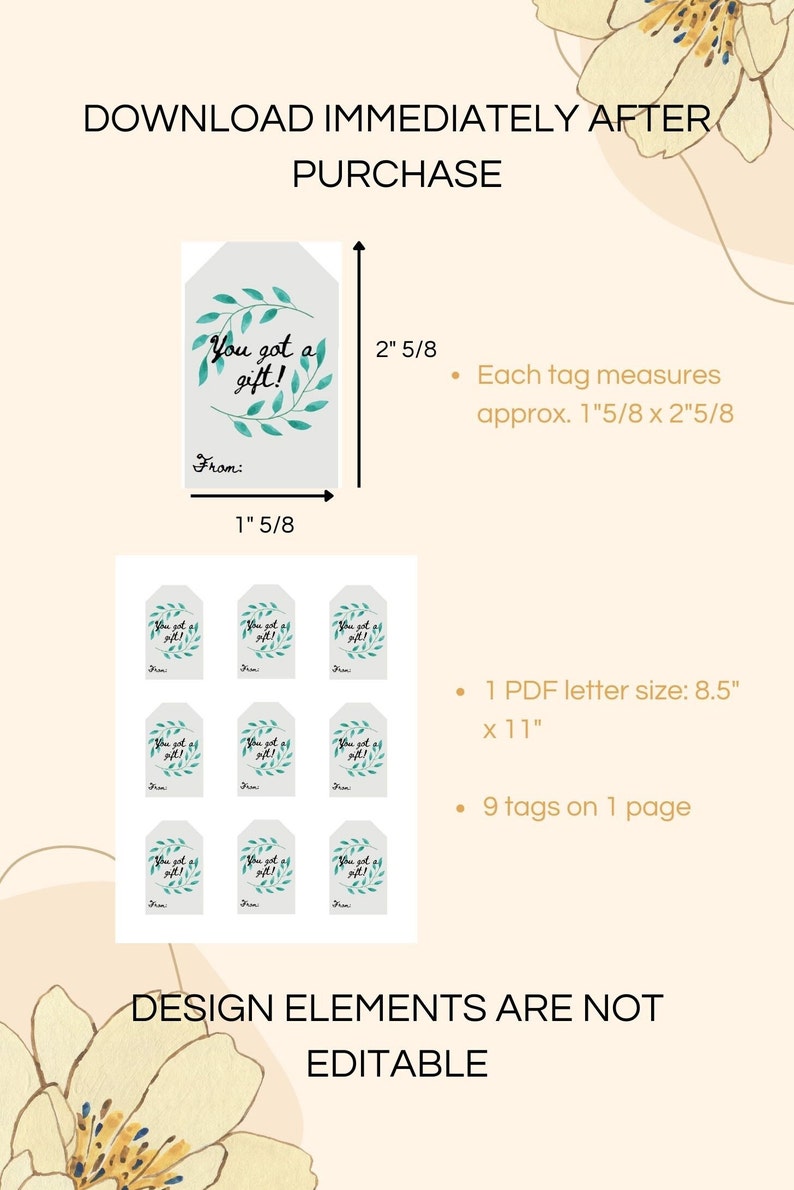 Elegant Floral Leafy Printable / Editable Gift Tags, Any Occasion Tags ...