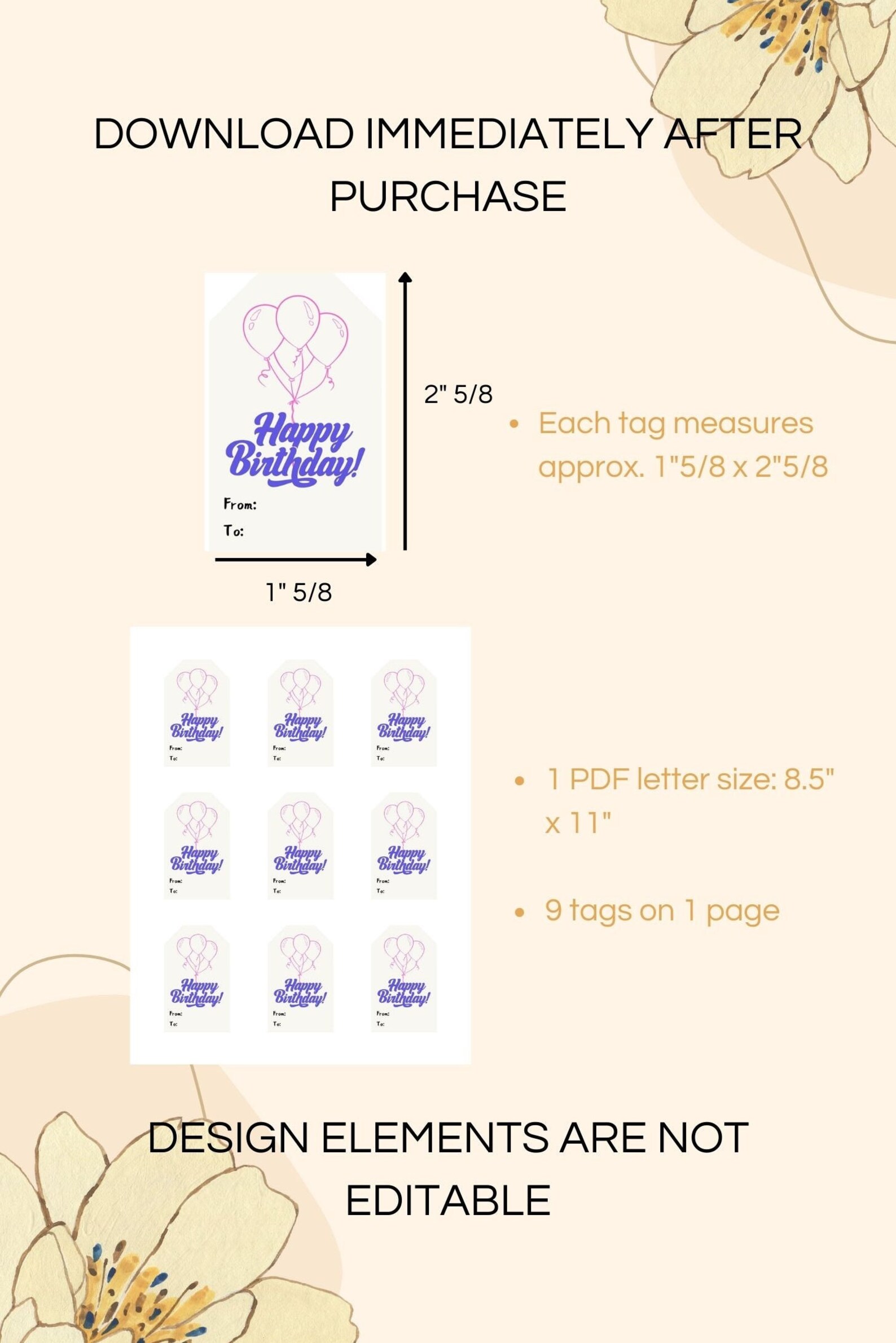 Birthday Balloons Printable Editable Gift Tags, Instant Download PDF ...