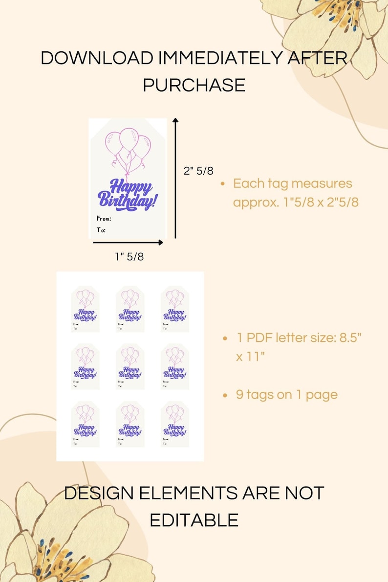 Birthday Balloons Printable Editable Gift Tags, Instant Download PDF ...