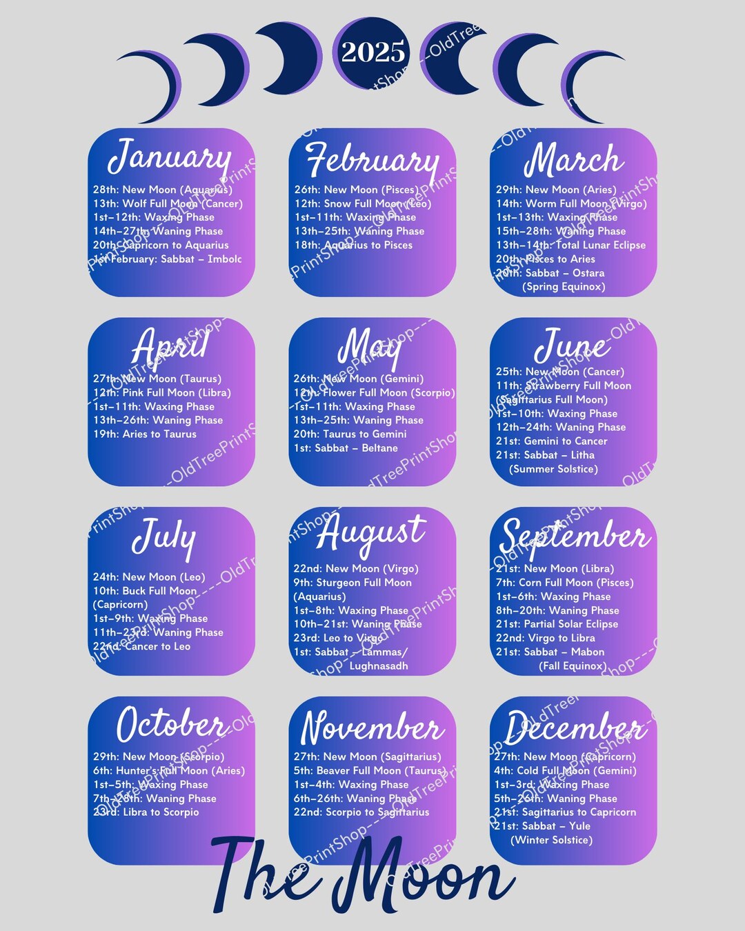 Full Moon Calander Printable Download for Walls and DIY Gift ...