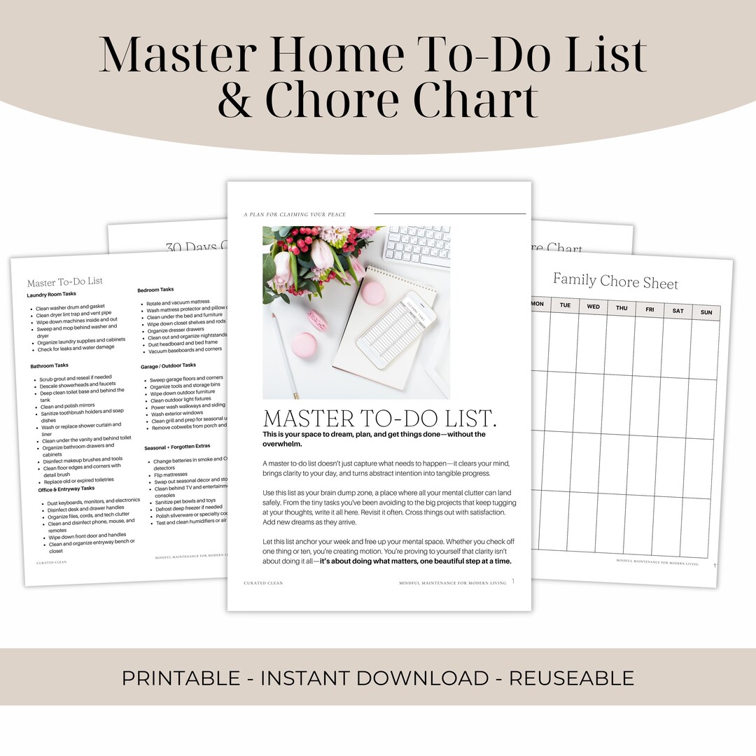 Printable Home Cleaning Planner: Master To-do List & Chore Charts (PDF ...