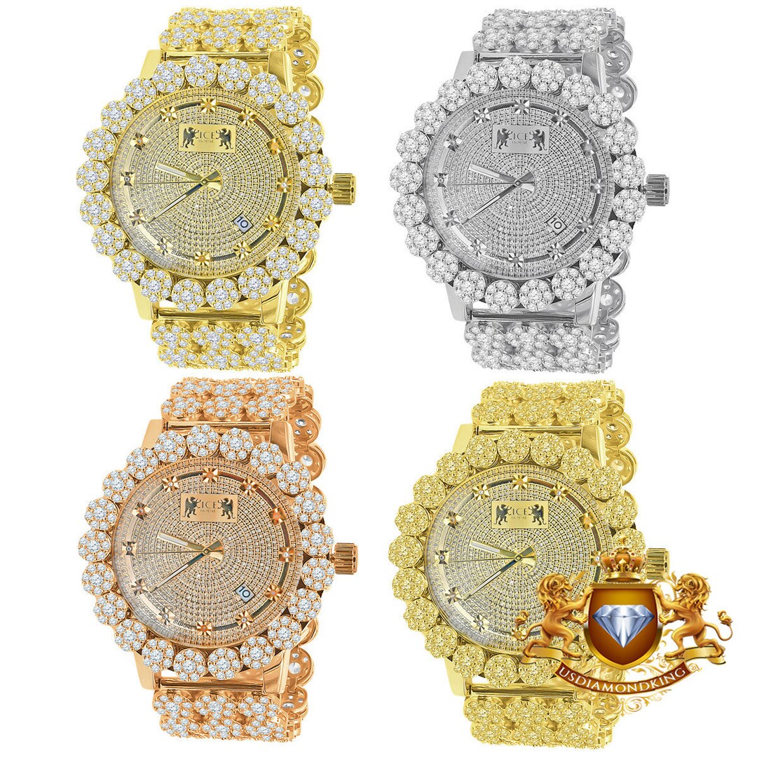 Luxury Custom Watch Men's 18K Gold Finish Simulated Diamond 5 ATM Water ...