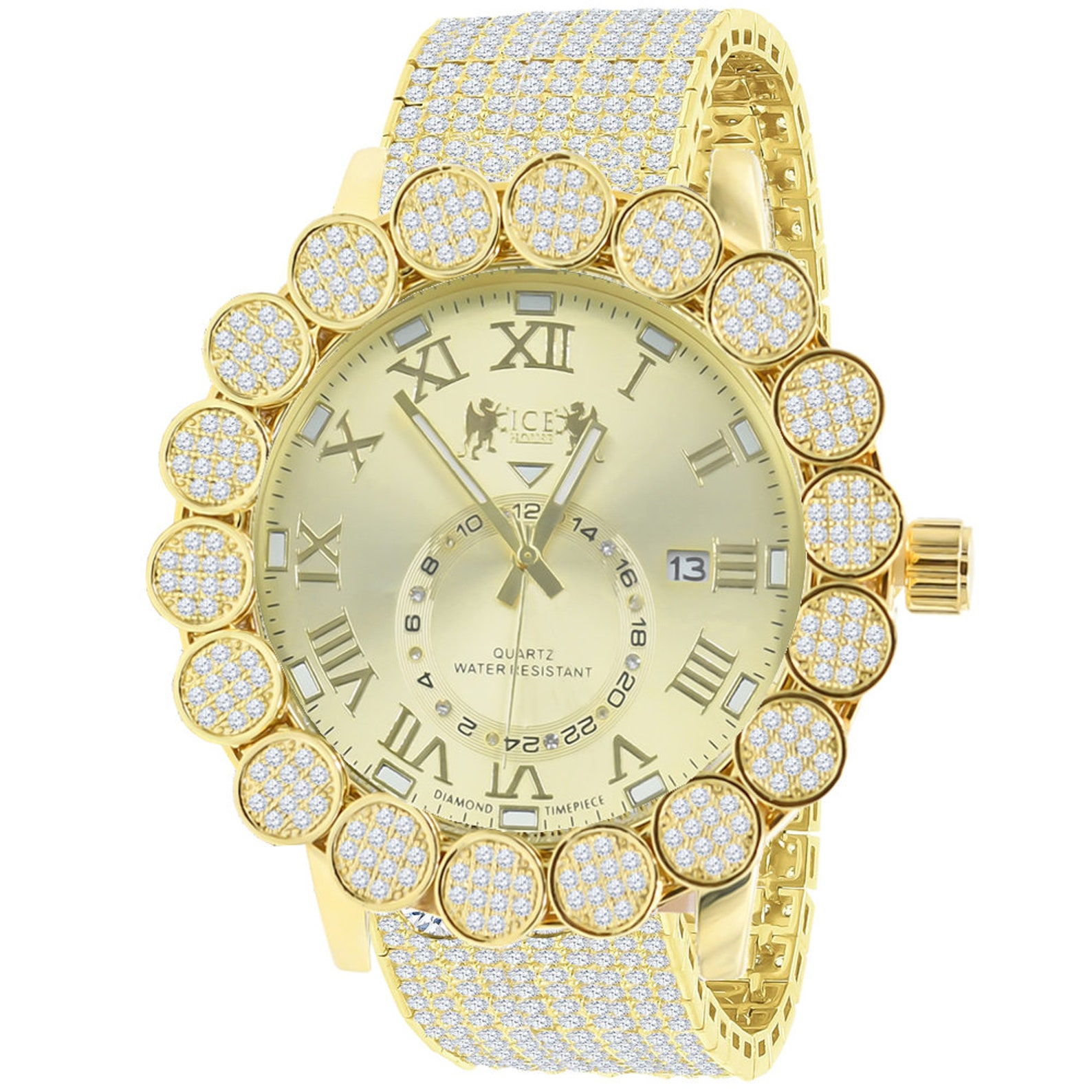 Roman Numbers Dial Simulated Diamond 18K Gold Tone 5 ATM Water ...