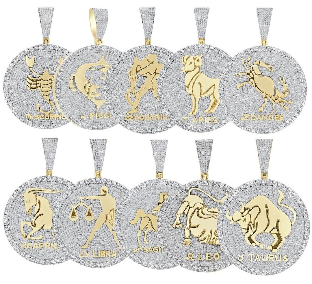 14K Gold Finish 48+ Grams Big XL 3" Zodiac Lucky Birth Sign Hand Set 12 ...