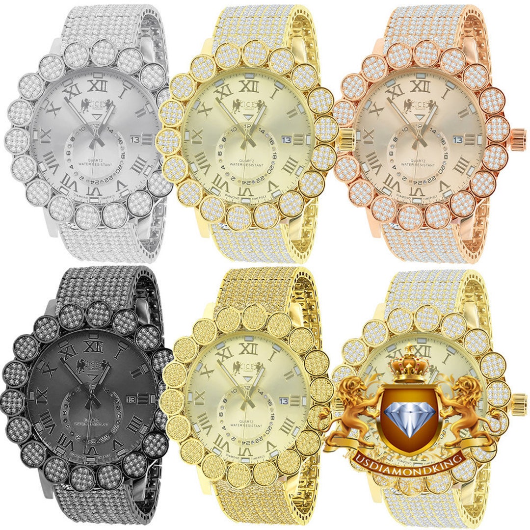 Roman Numbers Dial Simulated Diamond 18K Gold Tone 5 ATM Water ...