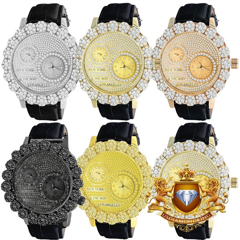 2 Working Time Zone Chronograph 18K Gold Over Simulated Diamond Genuine ...