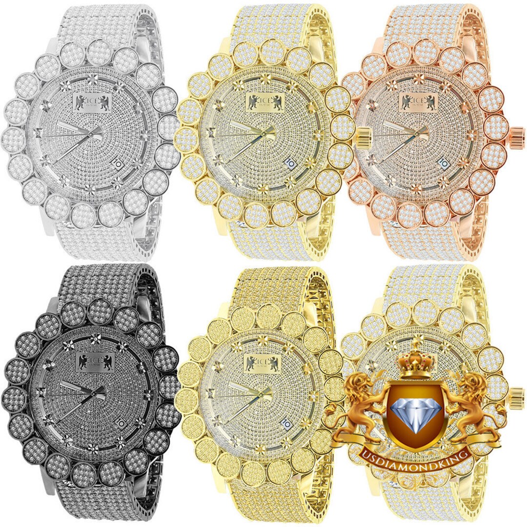 18K Gold Finish Simulated Diamond 5 ATM Water Resistant 10 Row Band ...