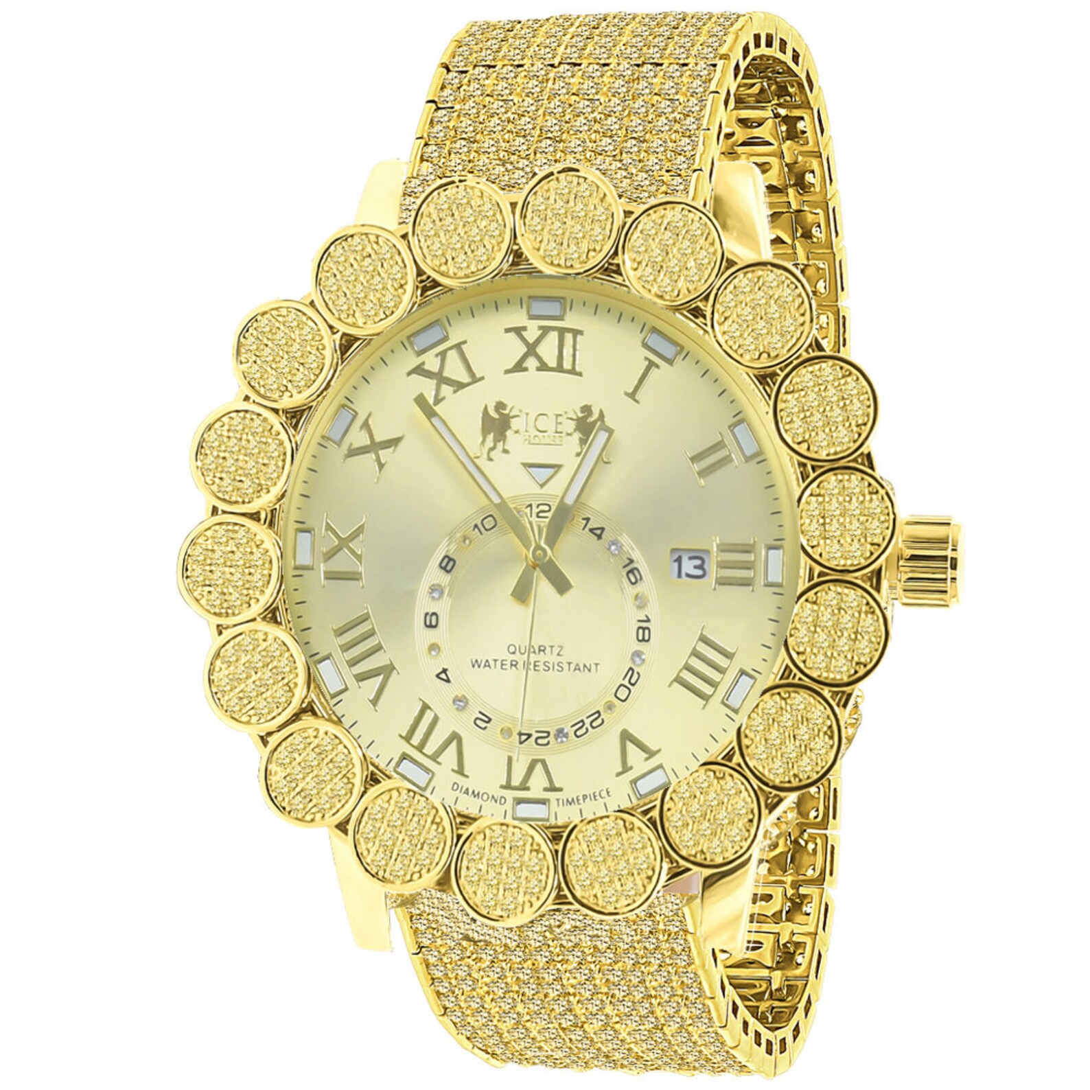 Roman Numbers Dial Simulated Diamond 18K Gold Tone 5 ATM Water ...