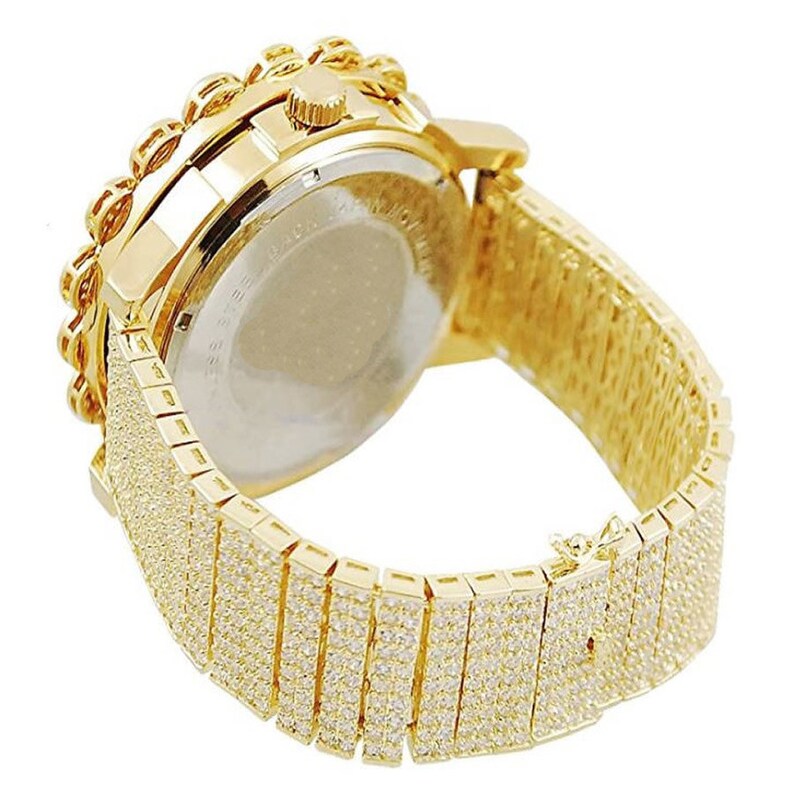 Roman Numbers Dial Simulated Diamond 18K Gold Tone 5 ATM Water Resistant 10 Row Band Micro Pave ...