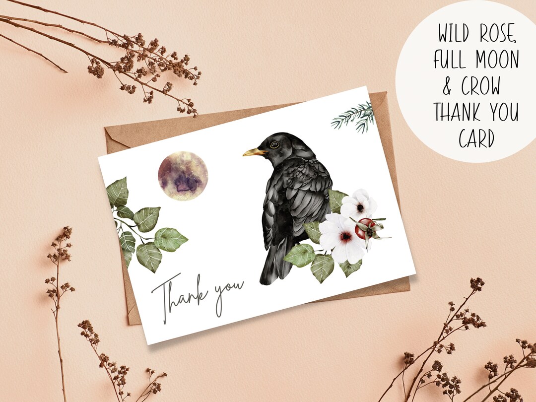 Wild Rose, Crow + Full Moon Thank You Card | Instant Download Digital ...