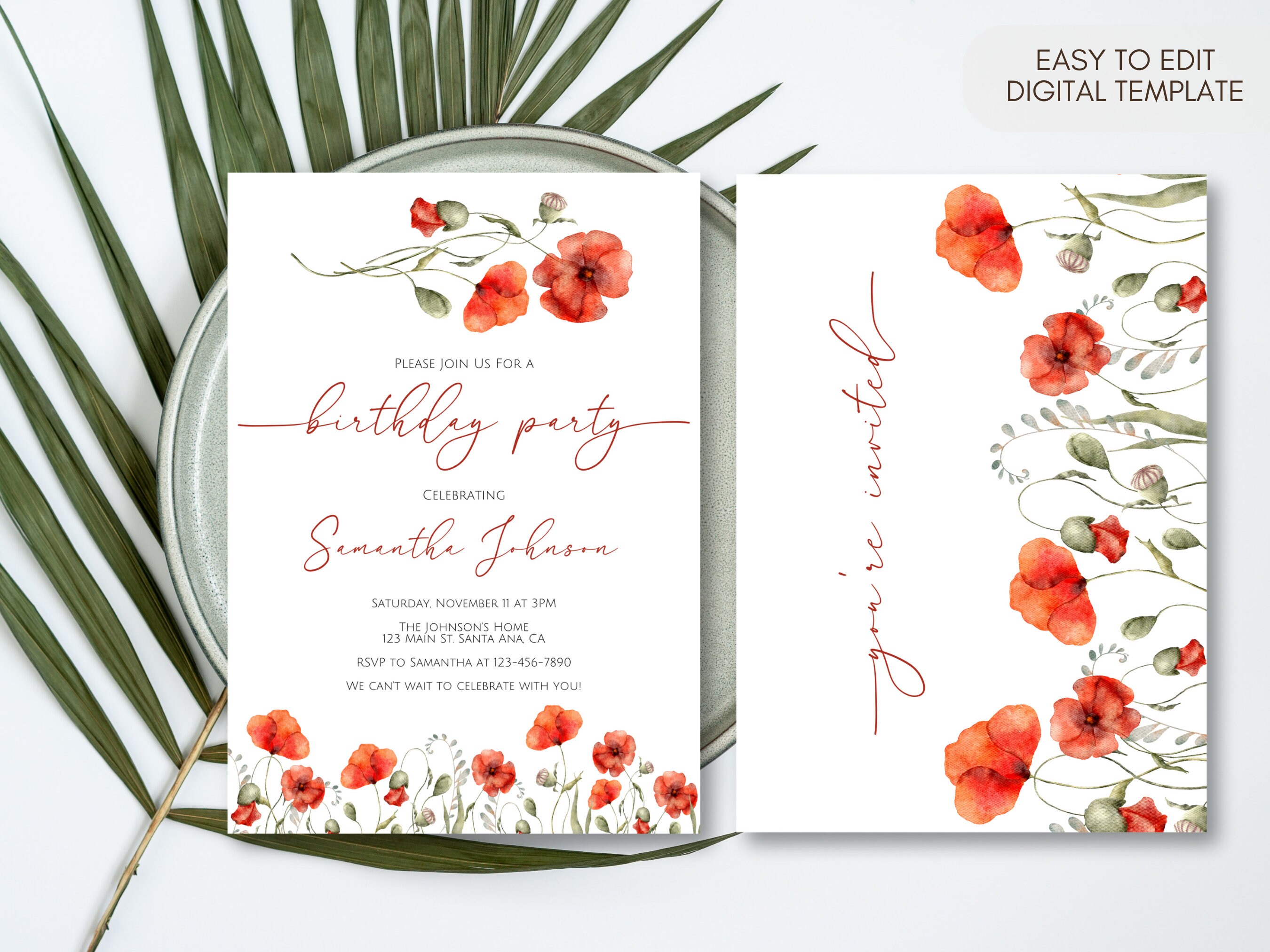 Poppy Birthday Party Invitation | DIY Digital Edit Print Instant ...