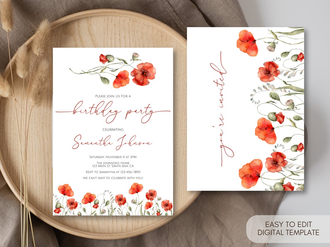 Poppy Birthday Party Invitation | DIY Digital Edit Print Instant ...