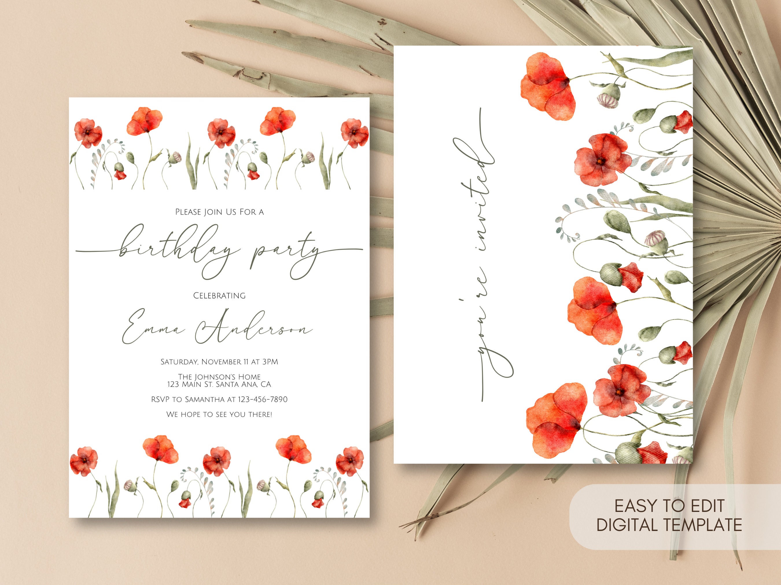 Poppy Garden Birthday Party Invitation | DIY Digital Edit Print Instant ...