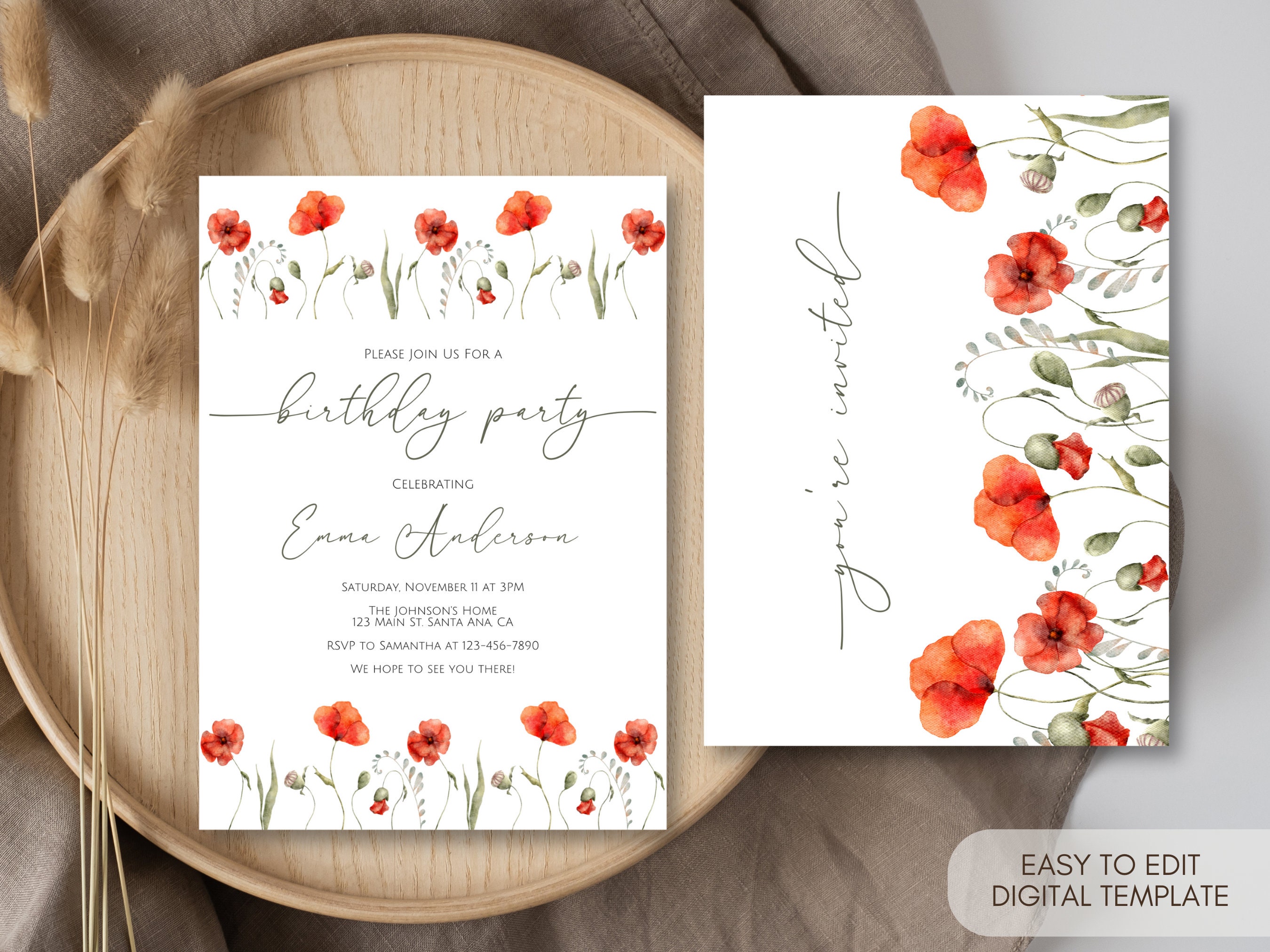 Poppy Garden Birthday Party Invitation | DIY Digital Edit Print Instant ...