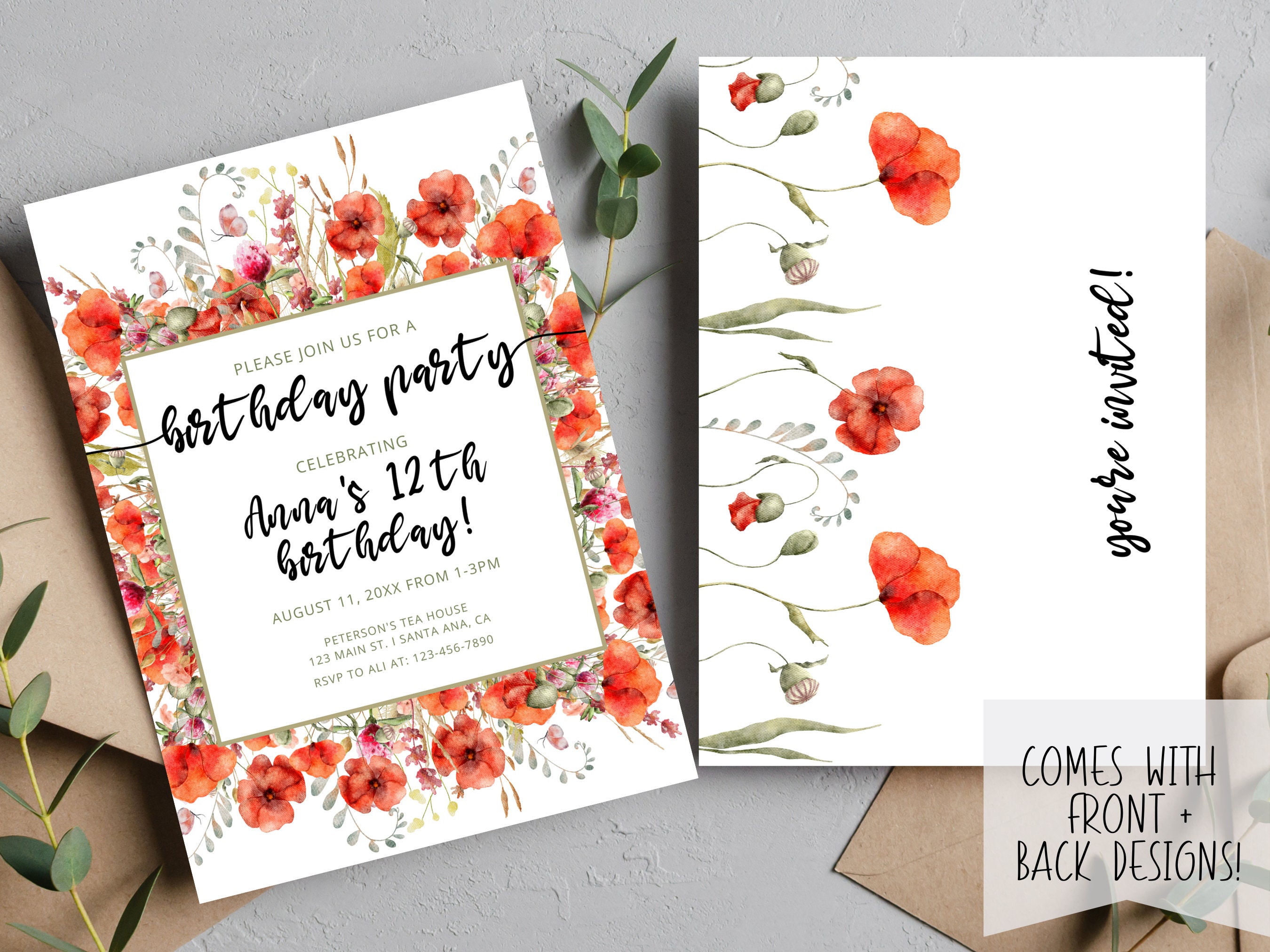 Red Poppy Birthday Party Invitation | Instant Download Digital Editable ...