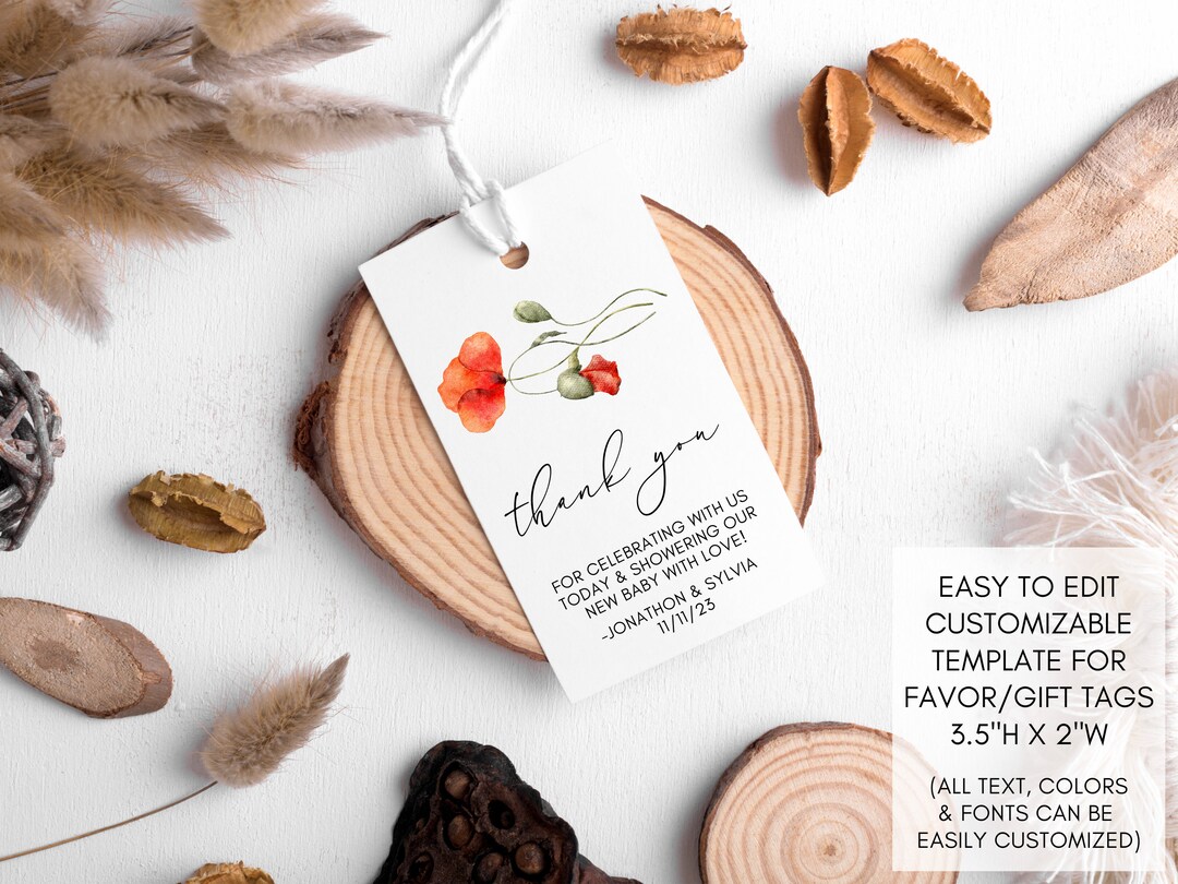 Baby Shower Watercolor Poppy Thank You Favors Gift Tag Template ...