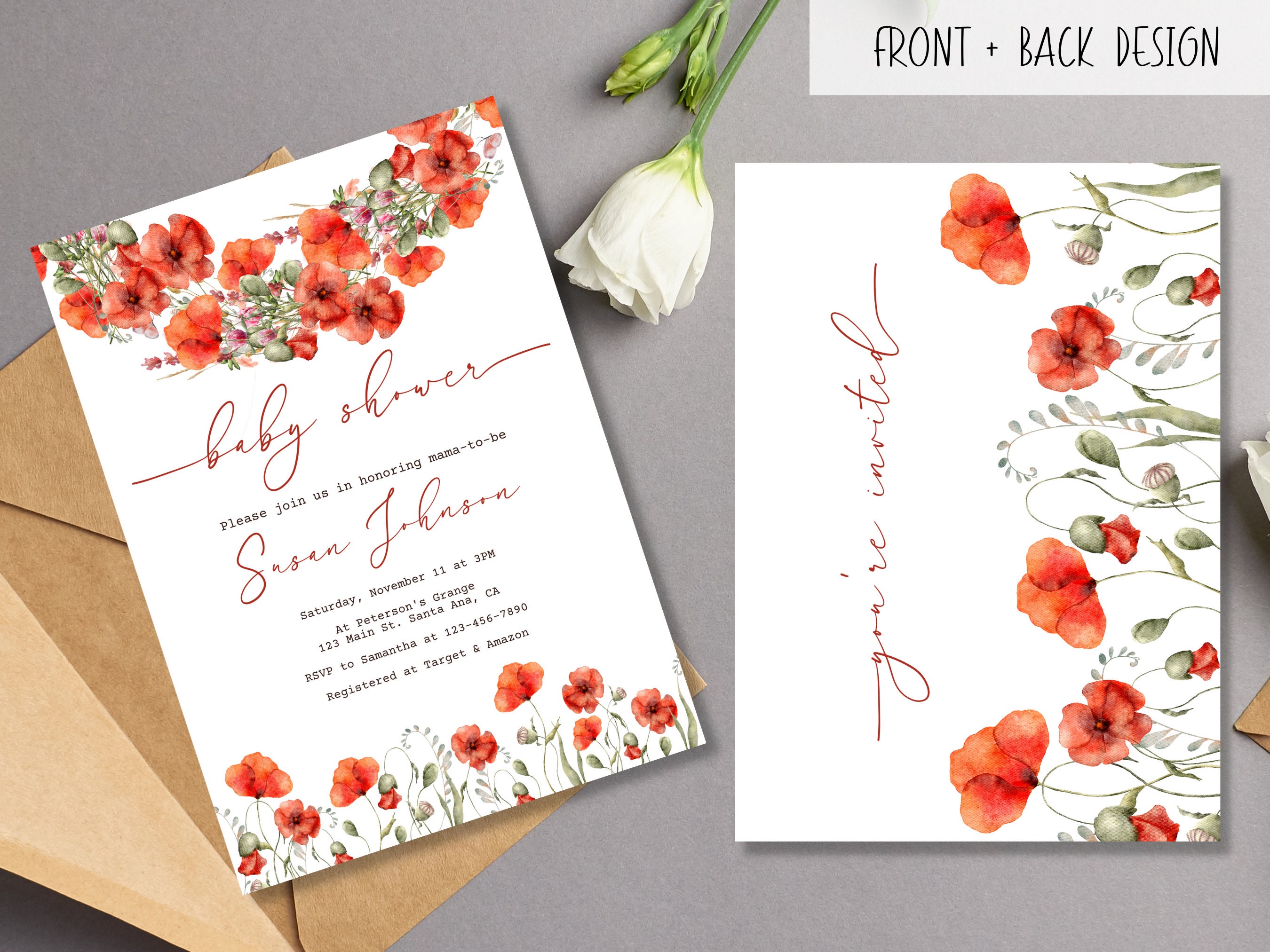 Beautiful Red Poppy Baby Shower Invitation | Download Digital Print ...