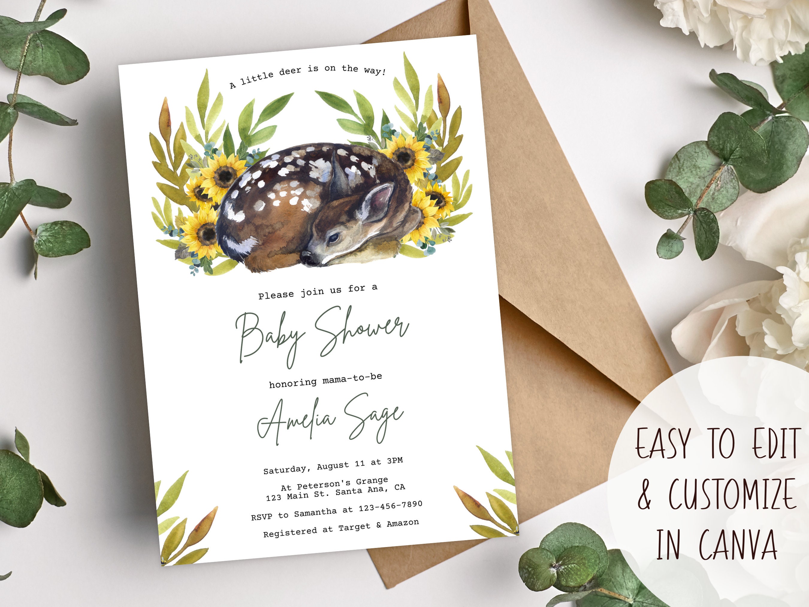Sunflower Forest Fawn Baby Shower Invitation Bundle | DIY Digital Edit ...