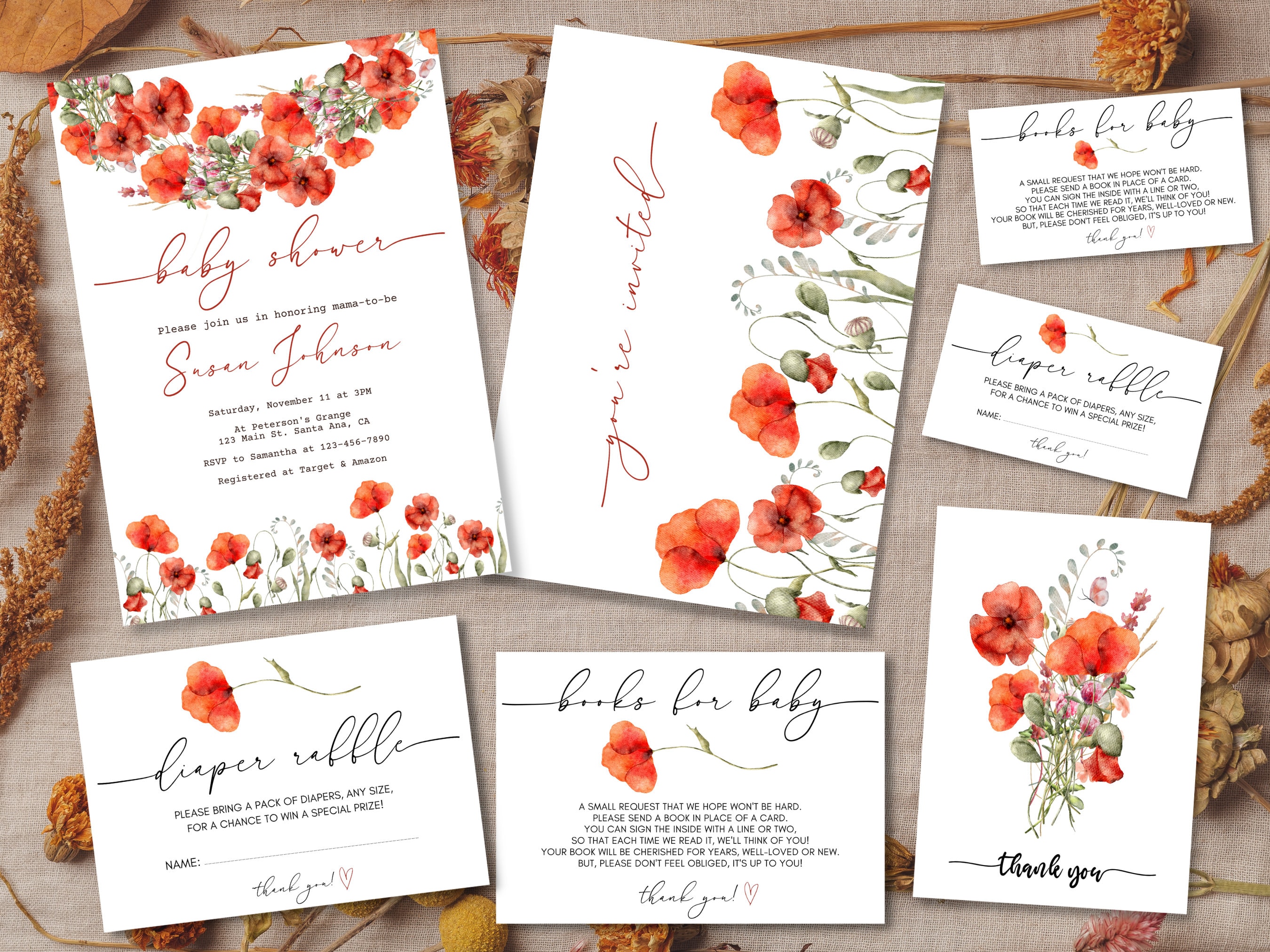 Beautiful Red Poppy Baby Shower Invitation Bundle | Instant Download ...