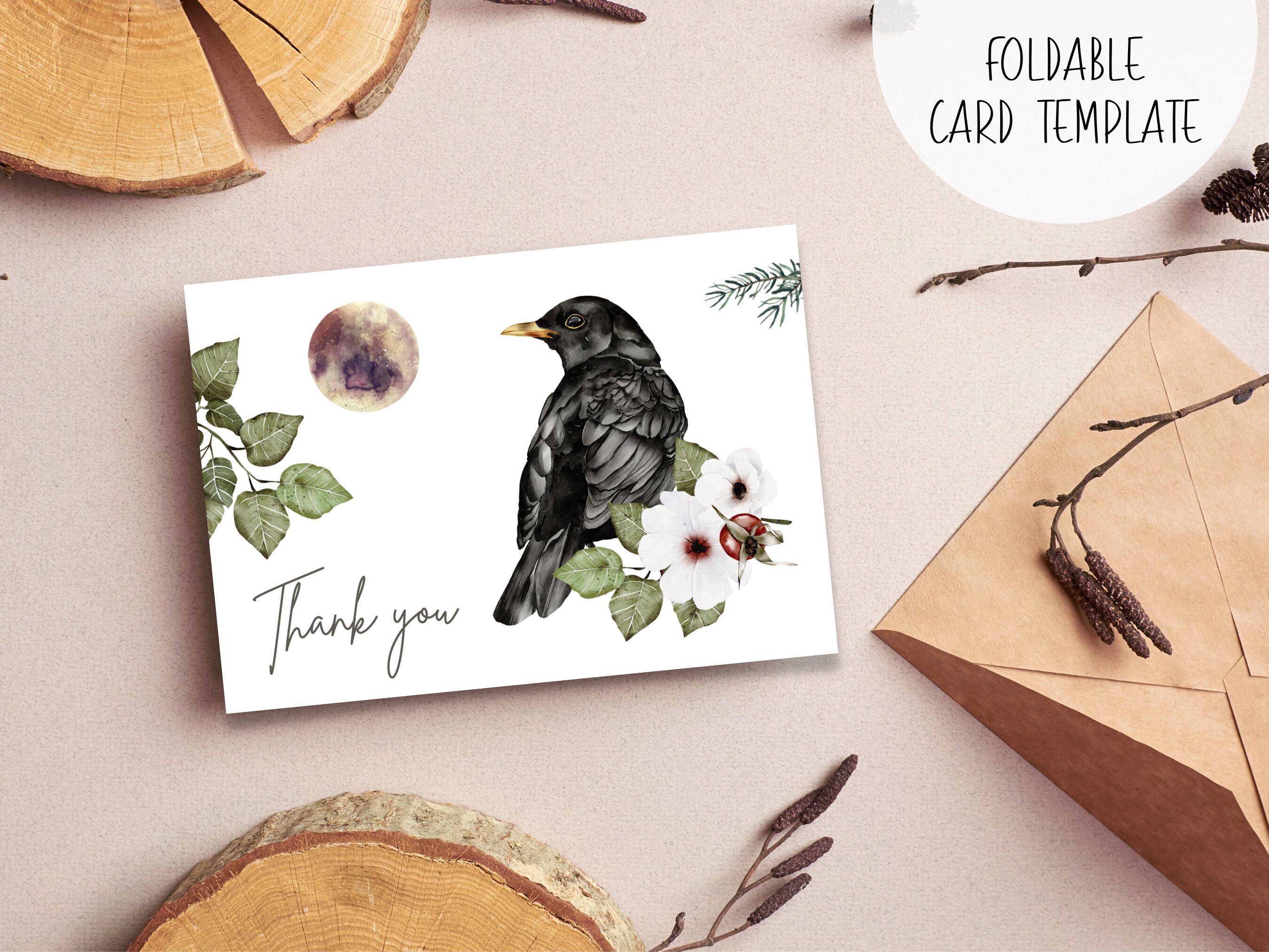Wild Rose, Crow + Full Moon Thank You Card | Instant Download Digital ...