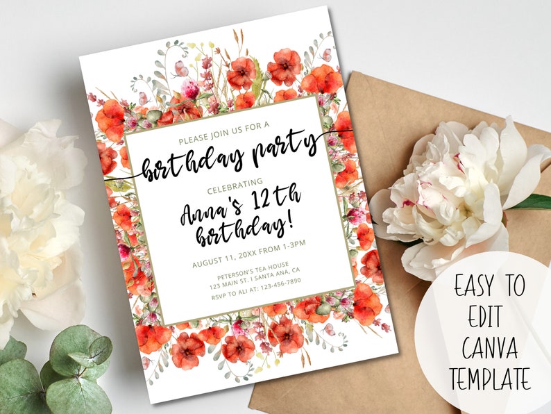 Red Poppy Birthday Party Invitation | Instant Download Digital Editable ...