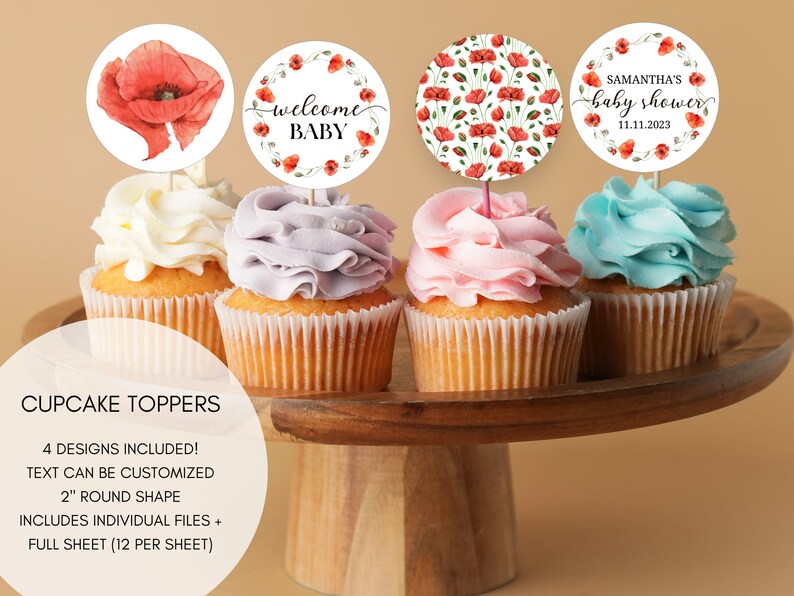 Red Poppy Cupcake Toppers | Printable Editable Digital Baby Shower ...