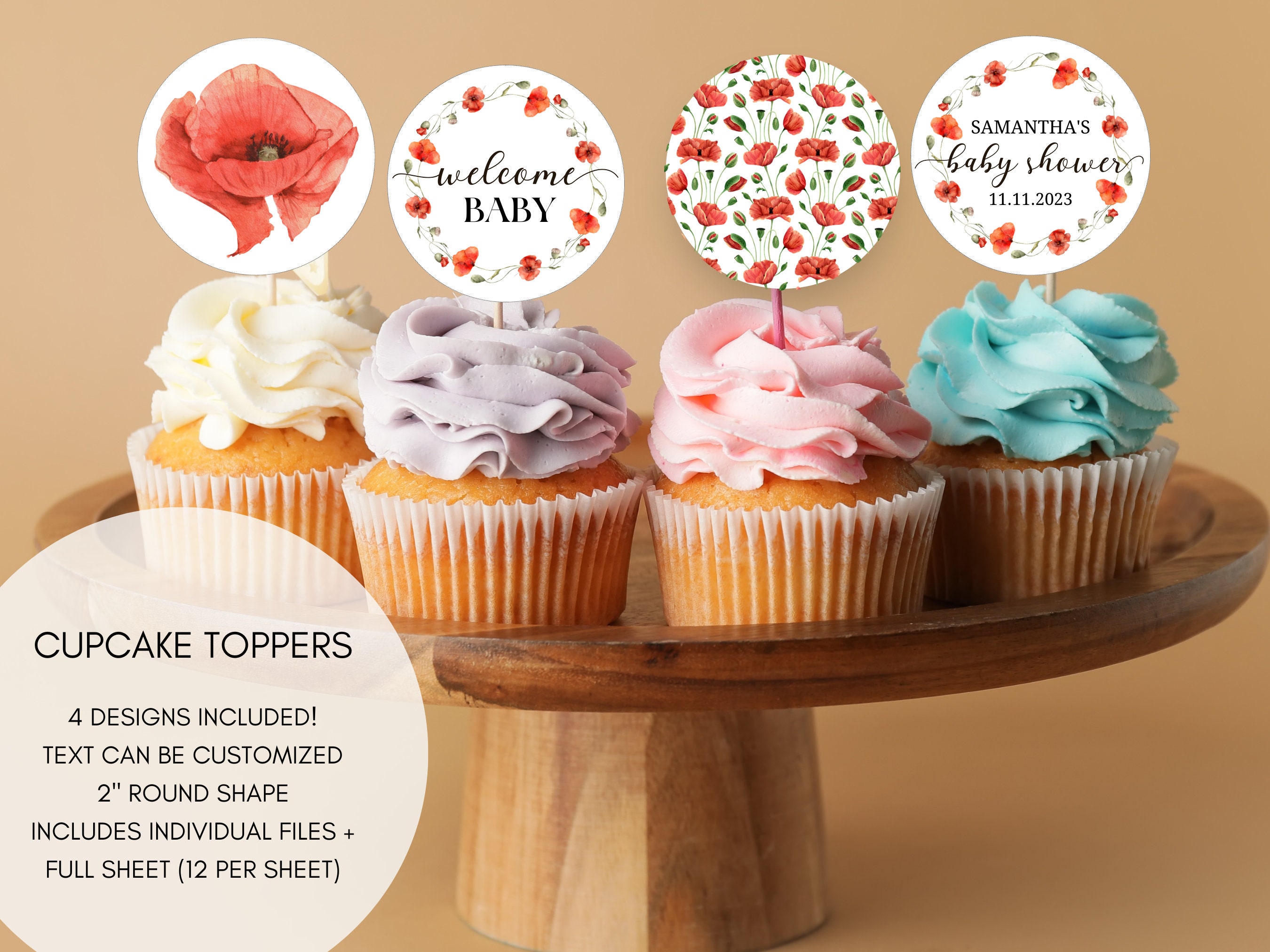 Red Poppy Cupcake Toppers | Printable Editable Digital Baby Shower ...